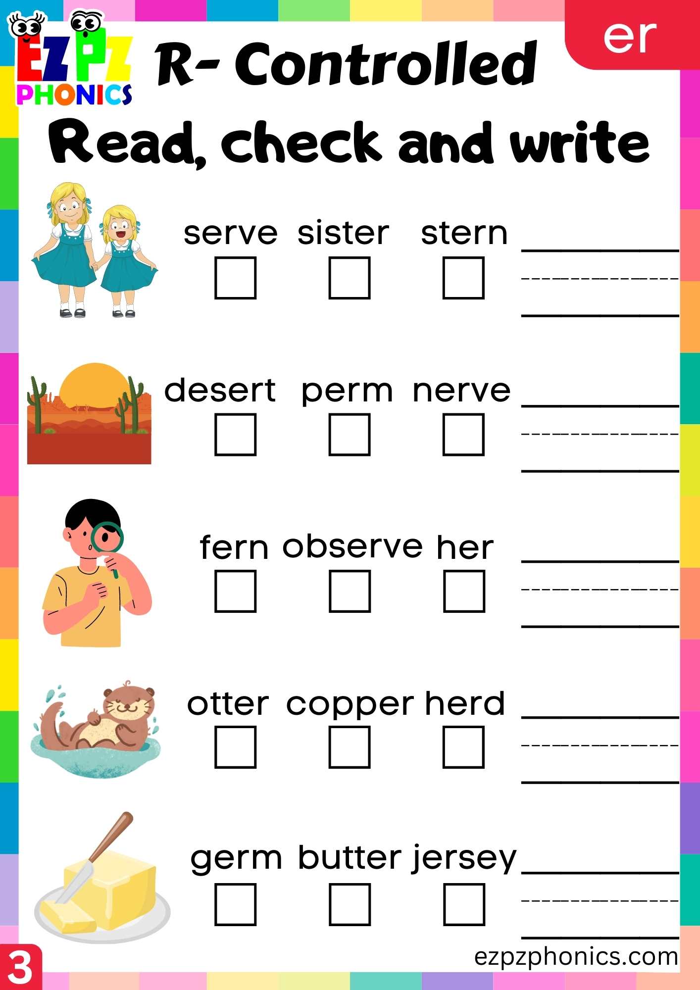 Read check and write activity for two syllable er words R controlled vowels phonics group 3 ...